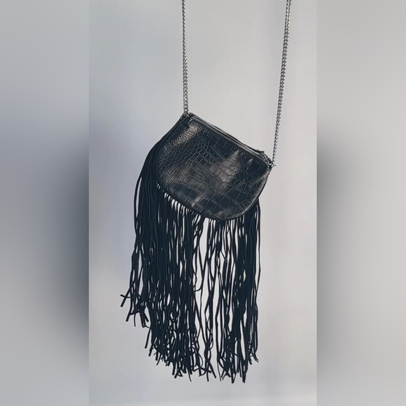 Zara | Bags | Zara Fringe Black Embossed Faux Leather Bag | Poshmark